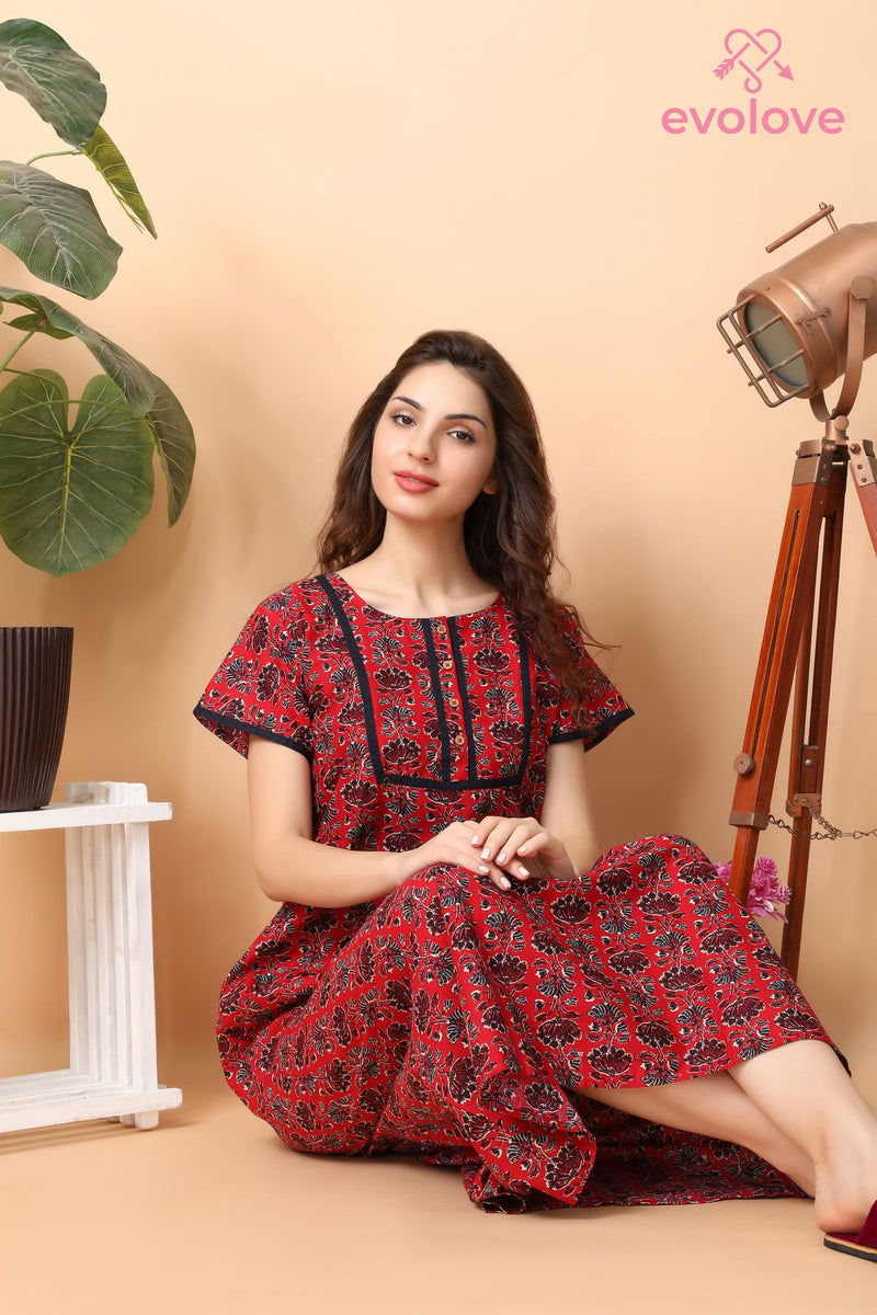 Evolove Women's Cotton Printed Maxi Nighty Sleepwear Super Comfortable – Evolove India